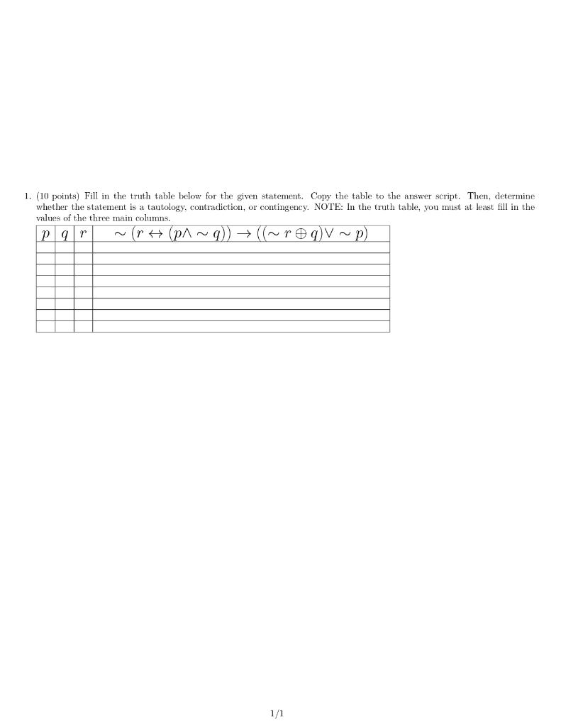 Solved 1. (10 points) Fill in the truth table below for the | Chegg.com