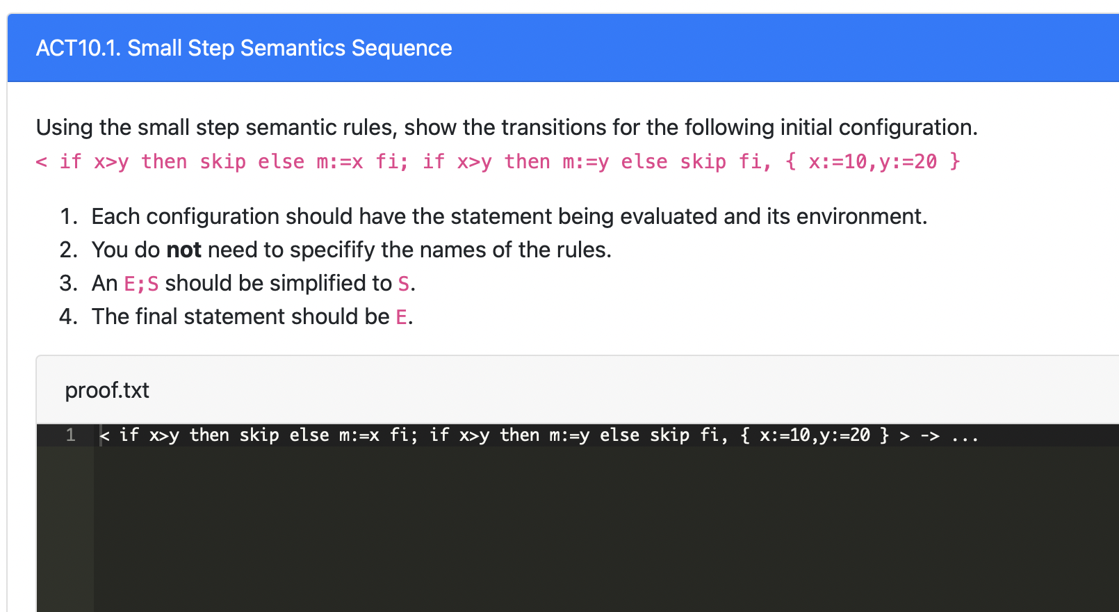 ACT10.1. Small Step Semantics Sequence Using the | Chegg.com