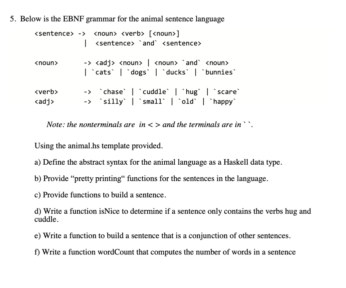 Solved elow is the EBNF grammar for the animal sentence | Chegg.com