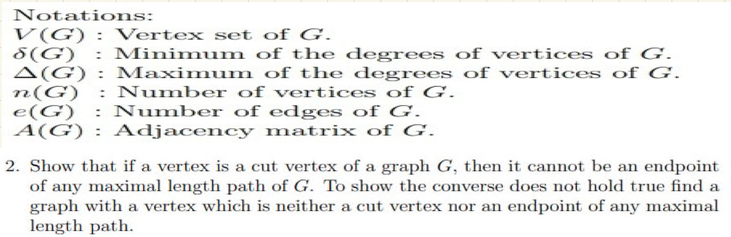 Solved Notations:V(G) ﻿: Vertex set of G.δ(G) ﻿: Minimum of | Chegg.com