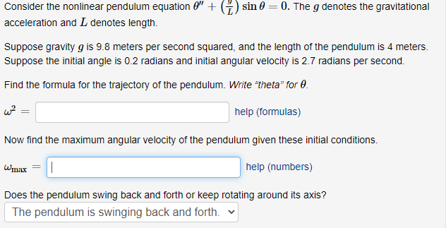 Solved Consider the nonlinear pendulum equation 8" + (7) sin | Chegg.com