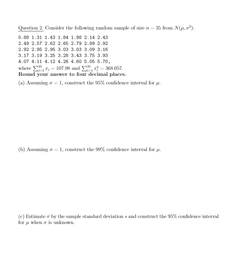 Solved Question 2. Consider the following random sample of | Chegg.com