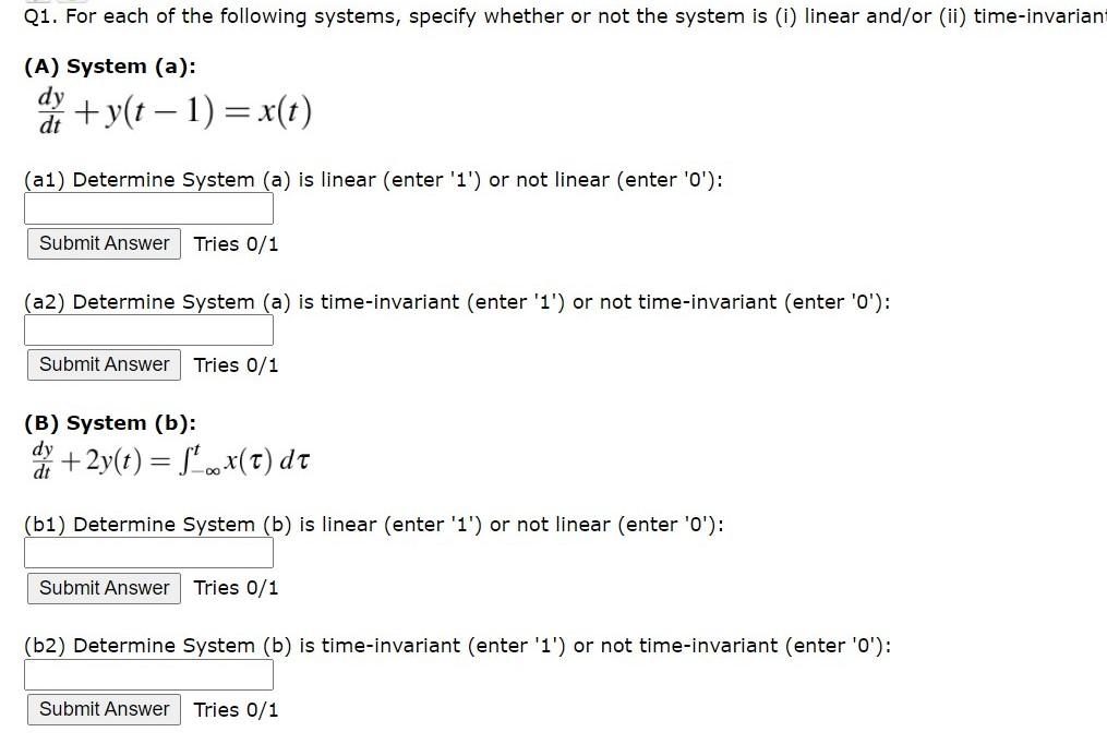 Solved Q1. For each of the following systems, specify | Chegg.com