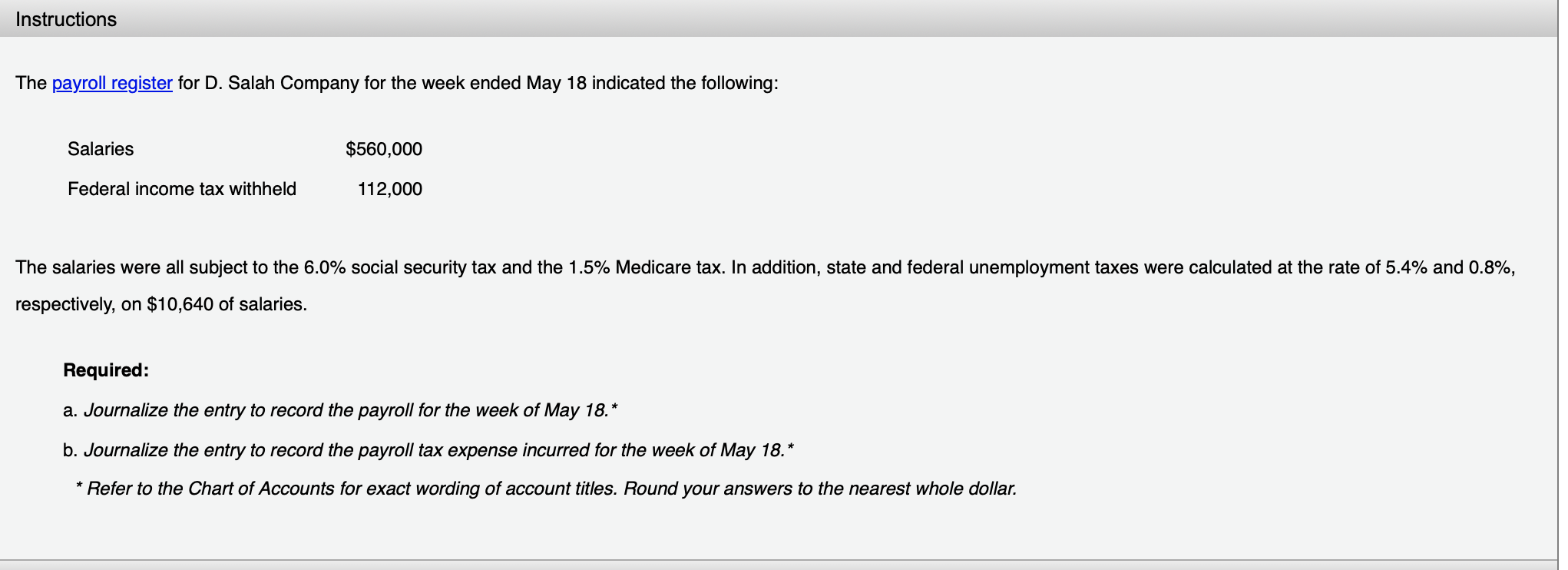 Solved The payroll register for D. Salah Company for the | Chegg.com