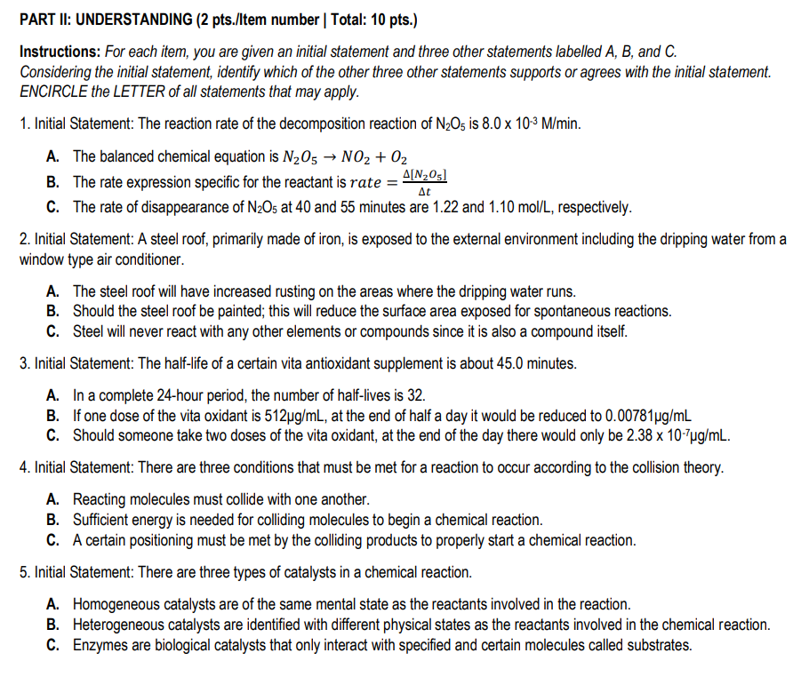 Solved PART II: UNDERSTANDING (2 pts./Item number | Total: | Chegg.com