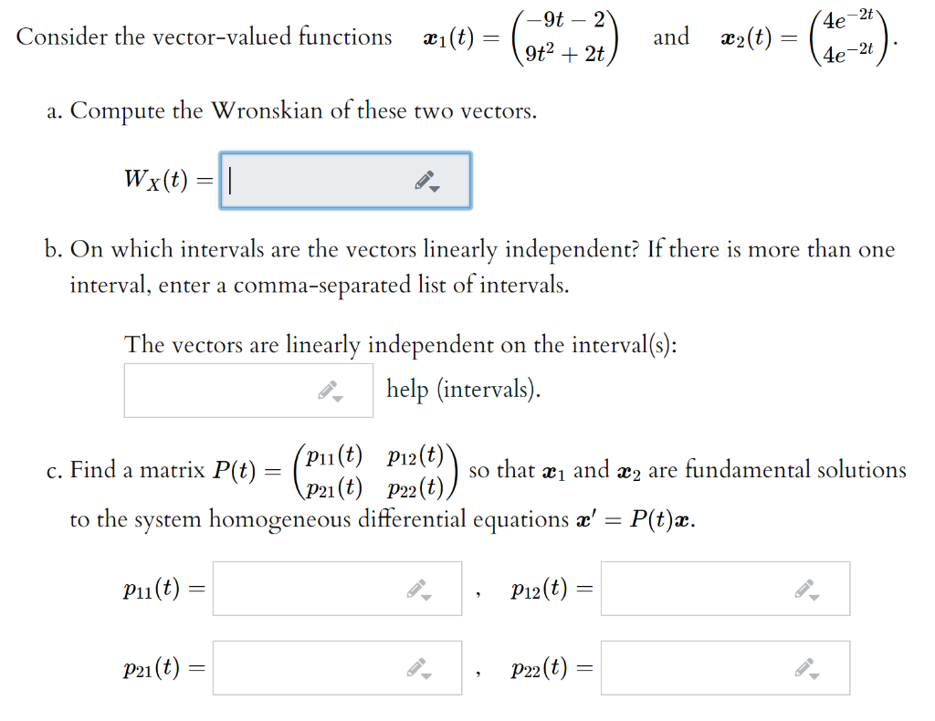 Solved 4e-2t Consider the vector-valued functions x1(t) = | Chegg.com