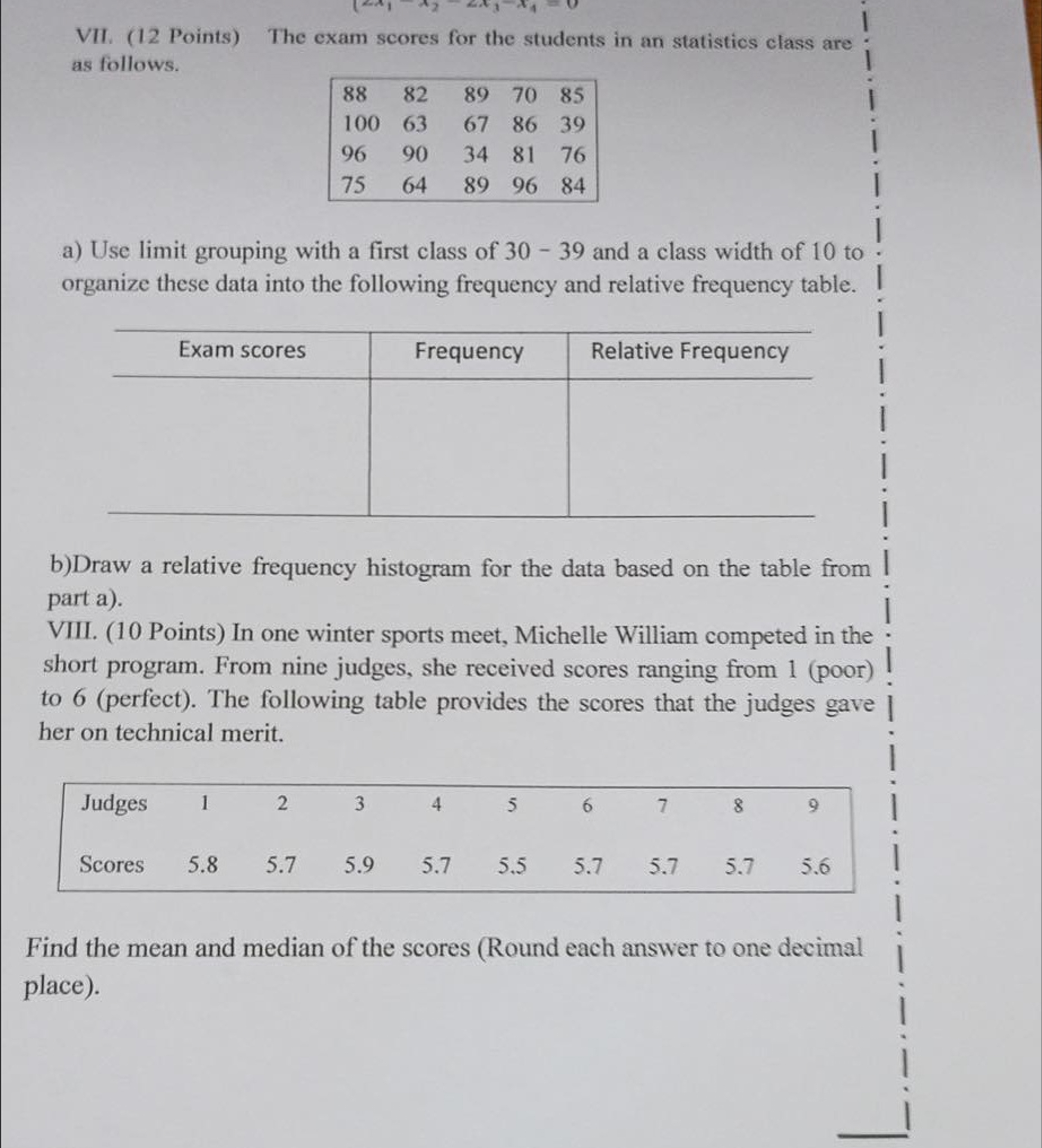 Solved VII. (12 ﻿Points) ﻿The exam scores for the students | Chegg.com