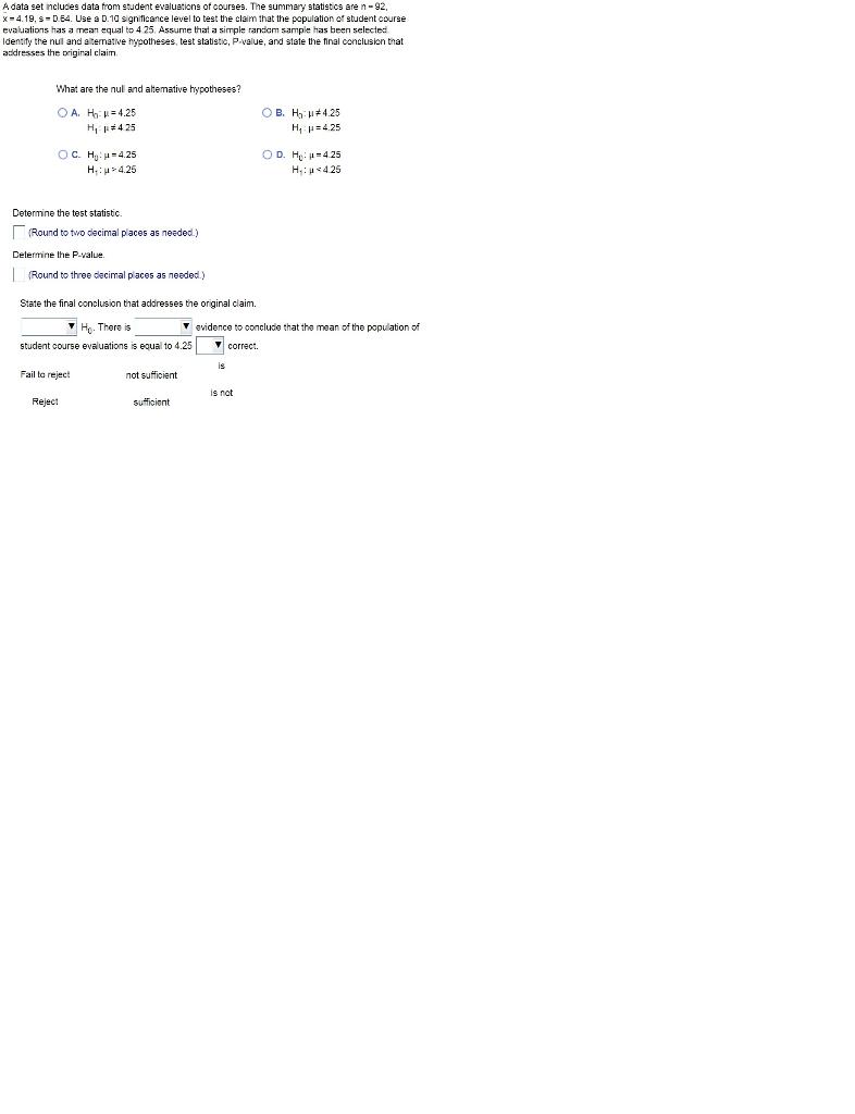 Solved A data set ncluces data trom student evaluations of | Chegg.com