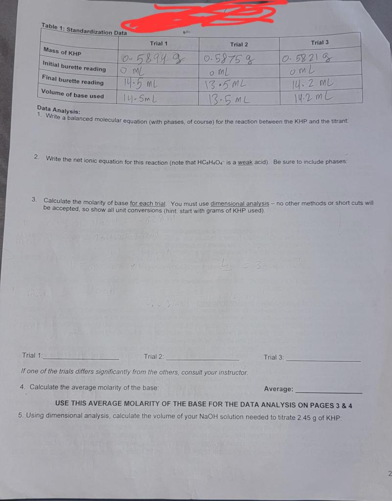 Solved Table 1: Standardization Data Trial 1 Trial 2 Trial 3 | Chegg.com