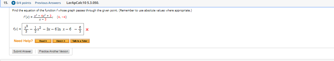 Solved 15. 0/4 points Previous Answers LarApCalc10 5.3.050. | Chegg.com