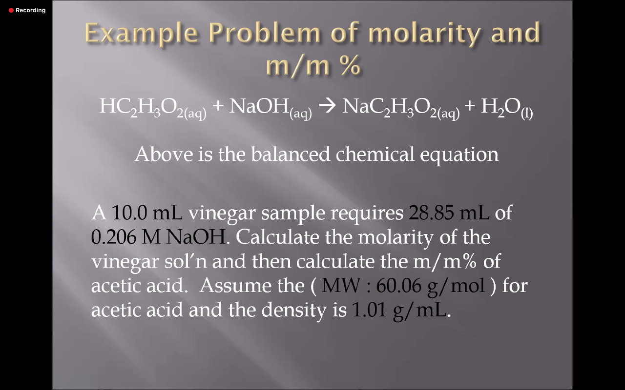 Solved Recording Example Problem of molarity and m/m % | Chegg.com