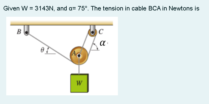 Solved Given W=3143N, ﻿and α=75°. ﻿The tension in cable BCA | Chegg.com