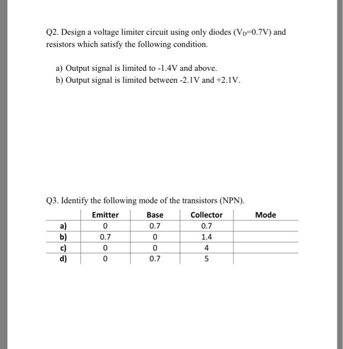 Solved Q2. Design a voltage limiter circuit using only | Chegg.com