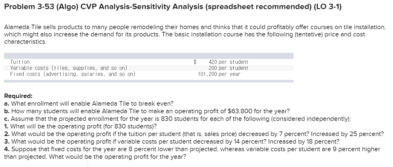 Solved Problem 3-53 (Algo) CVP Analysis-Sensitivity Analysis | Chegg.com