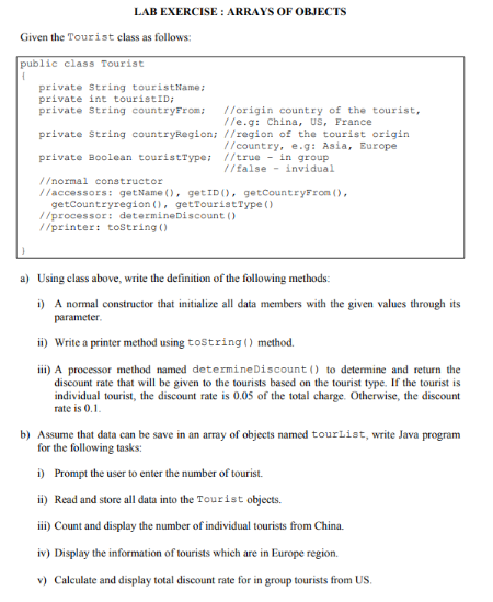 Solved Given the Touri st class as follows: a) Using class | Chegg.com