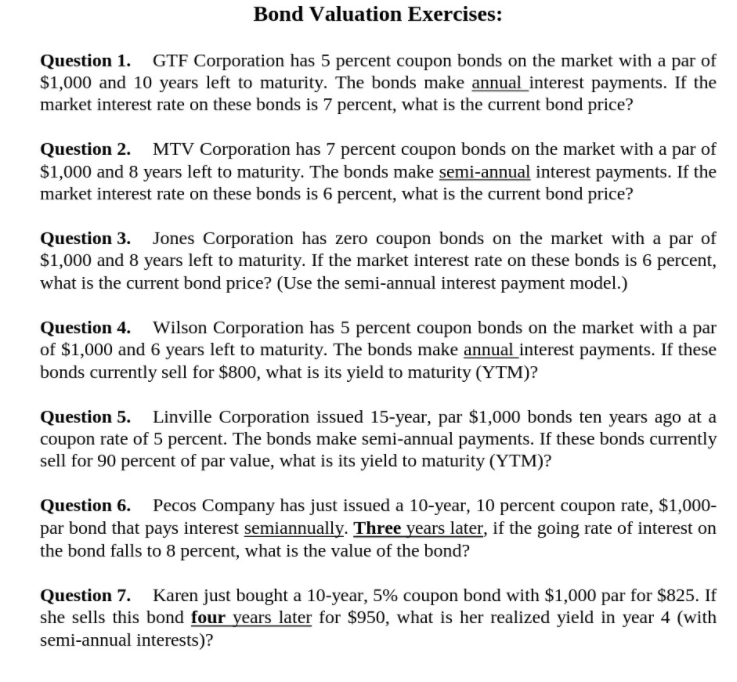 Solved Bond Valuation Exercises: Question 1. GTF Corporation | Chegg.com