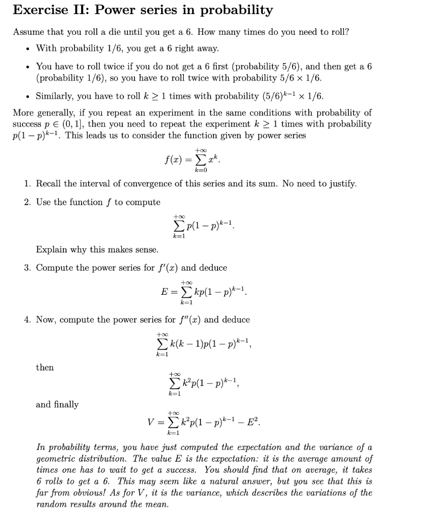 Solved Exercise II: Power series in probability . Assume | Chegg.com