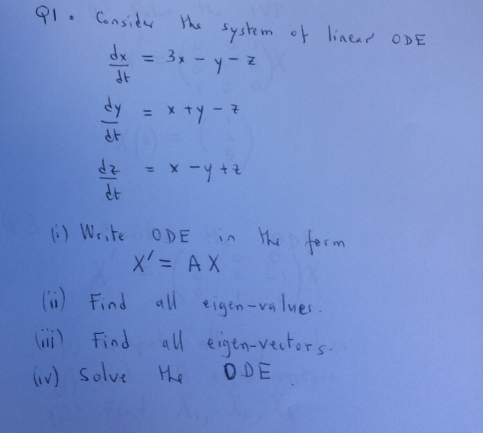 Solved Consider the system of linear ODE dx/dt = 3x - y - z | Chegg.com
