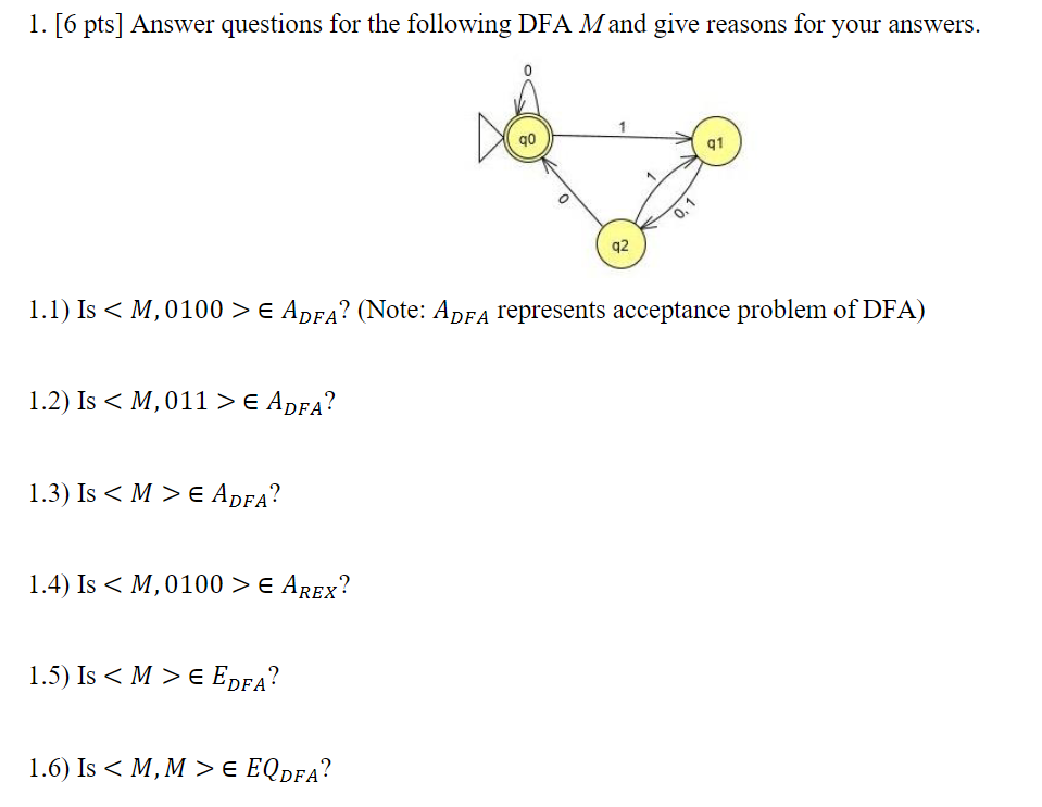 Solved 1. [6 pts] Answer questions for the following DFA M | Chegg.com