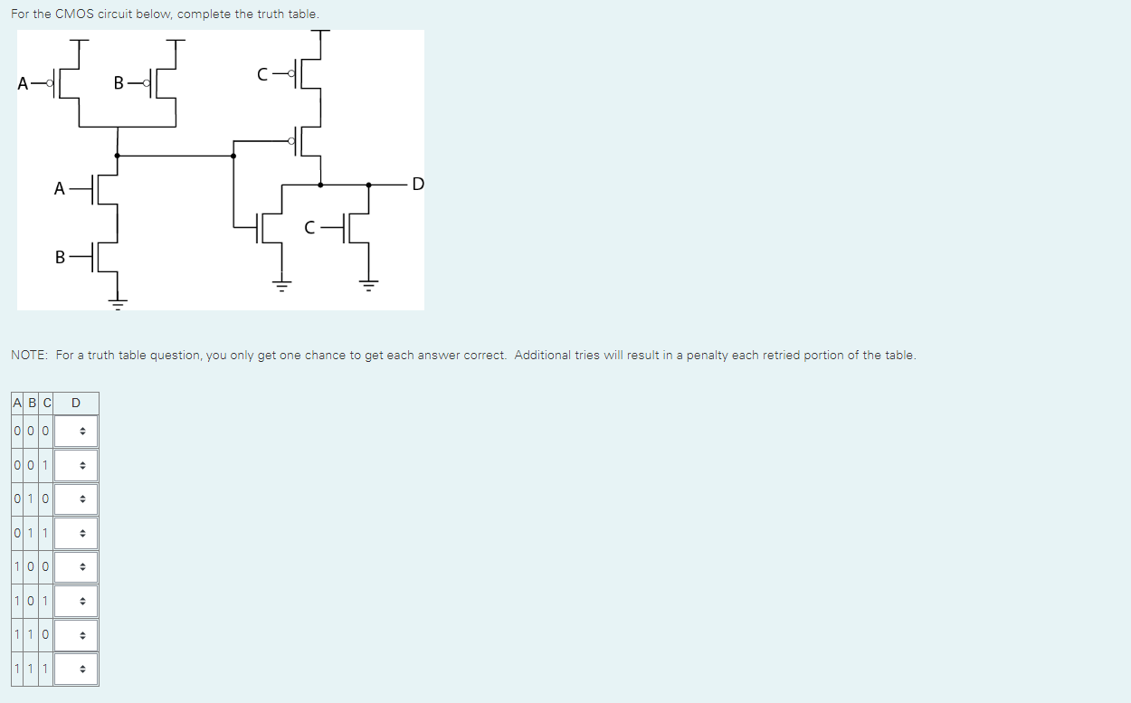 Solved For the CMOS circuit below, complete the truth table. | Chegg.com