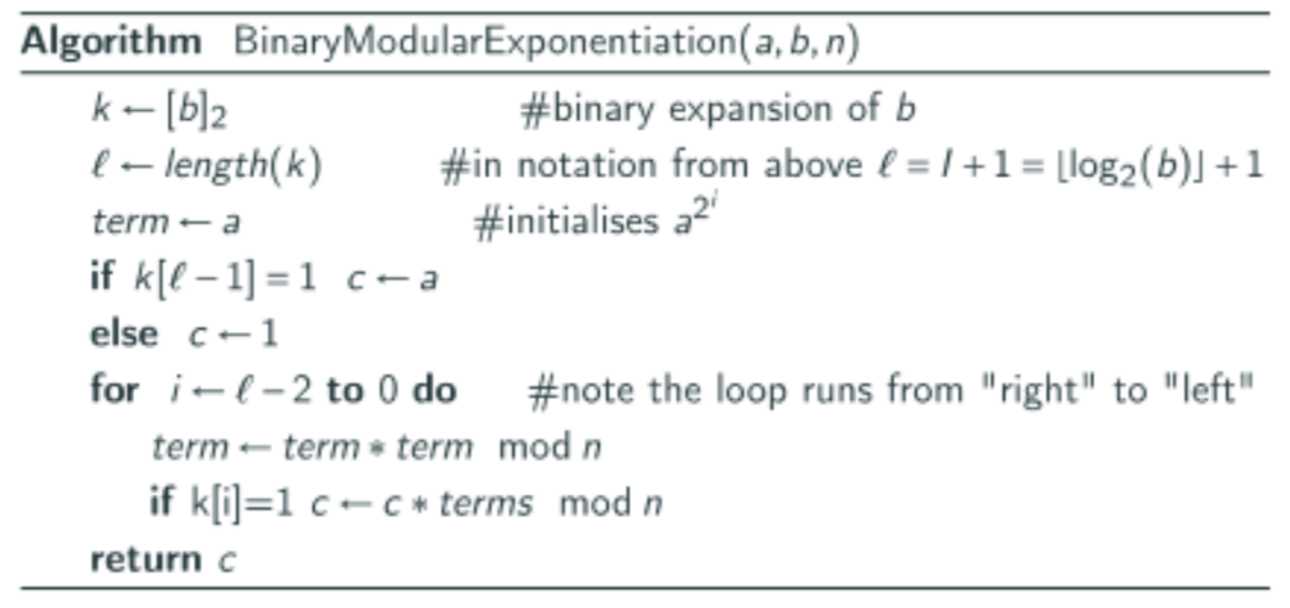 Solved Algorithm BinaryModularExponentiation(a,b,n) k- [b]2 | Chegg.com