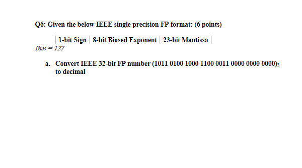 Solved Q6: Given the below IEEE single precision FP format: | Chegg.com