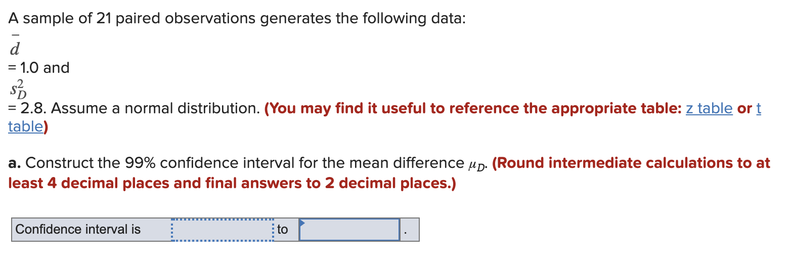 Solved A sample of 21 paired observations generates the | Chegg.com