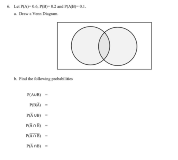 Solved 6. Let P(A)=0.6, P(B)-0.2 and P(AB=0.1. a. Draw a | Chegg.com