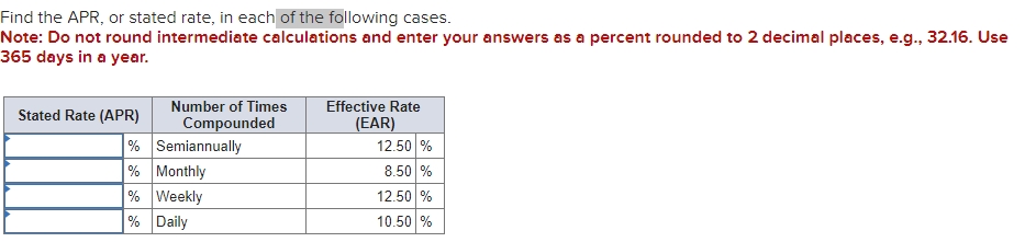 Solved Find the APR, or stated rate, in each of the | Chegg.com