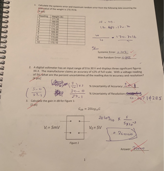 Solved 1. Calculate the systemic error and maximum random | Chegg.com