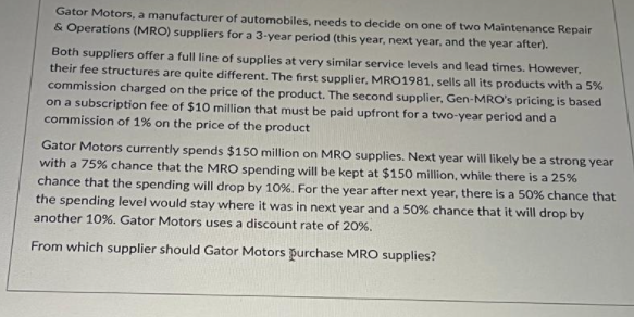 Solved Gator Motors, a manufacturer of automobiles, needs to | Chegg.com