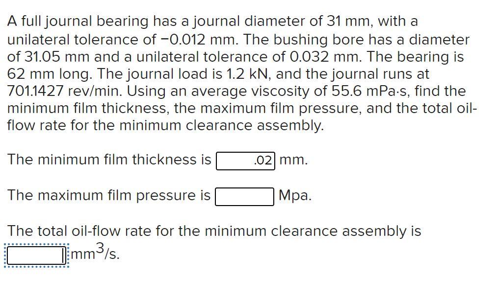 Solved A full journal bearing has a journal diameter of 31 | Chegg.com