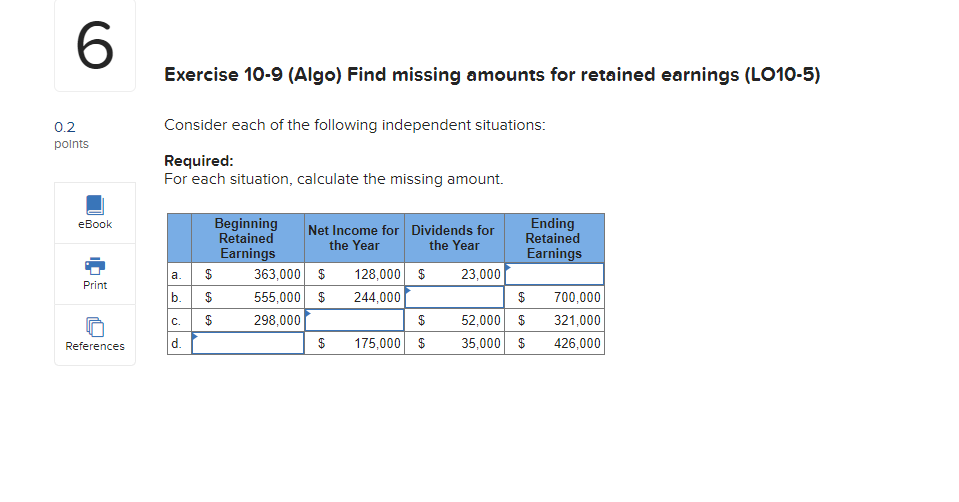 Solved 6 Exercise 10-9 (Algo) Find missing amounts for | Chegg.com