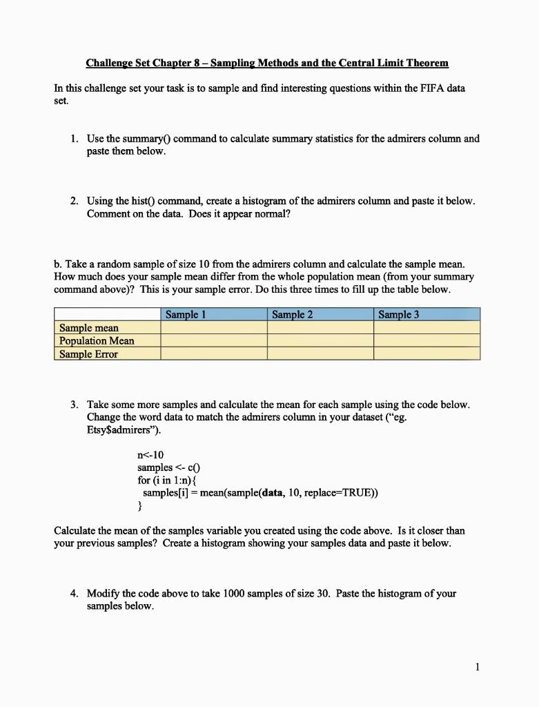 Challenge Set Chapter 8 -Sampling Methods and the | Chegg.com