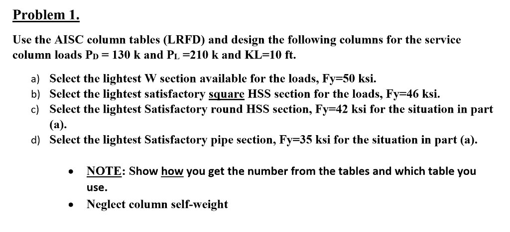 Solved Problem 1. Use the AISC column tables (LRFD) and | Chegg.com