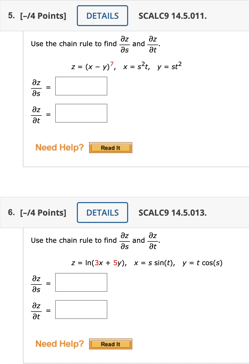 Solved 5. [-/4 Points ] SCALC9 14.5.011. Use the chain rule | Chegg.com