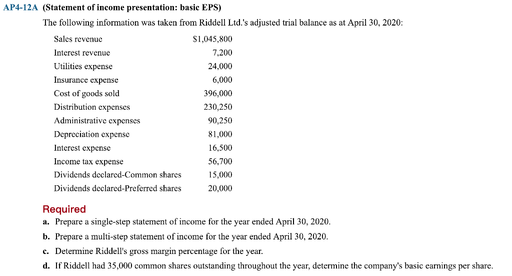 Solved AP4-12A (Statement of income presentation: basic EPS) | Chegg.com