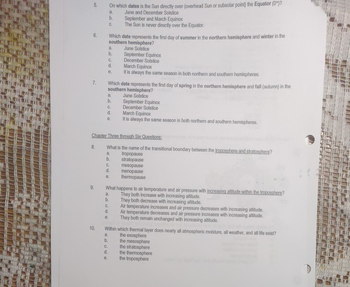 Solved 5. On which dates is the Sun directly over (overhead | Chegg.com