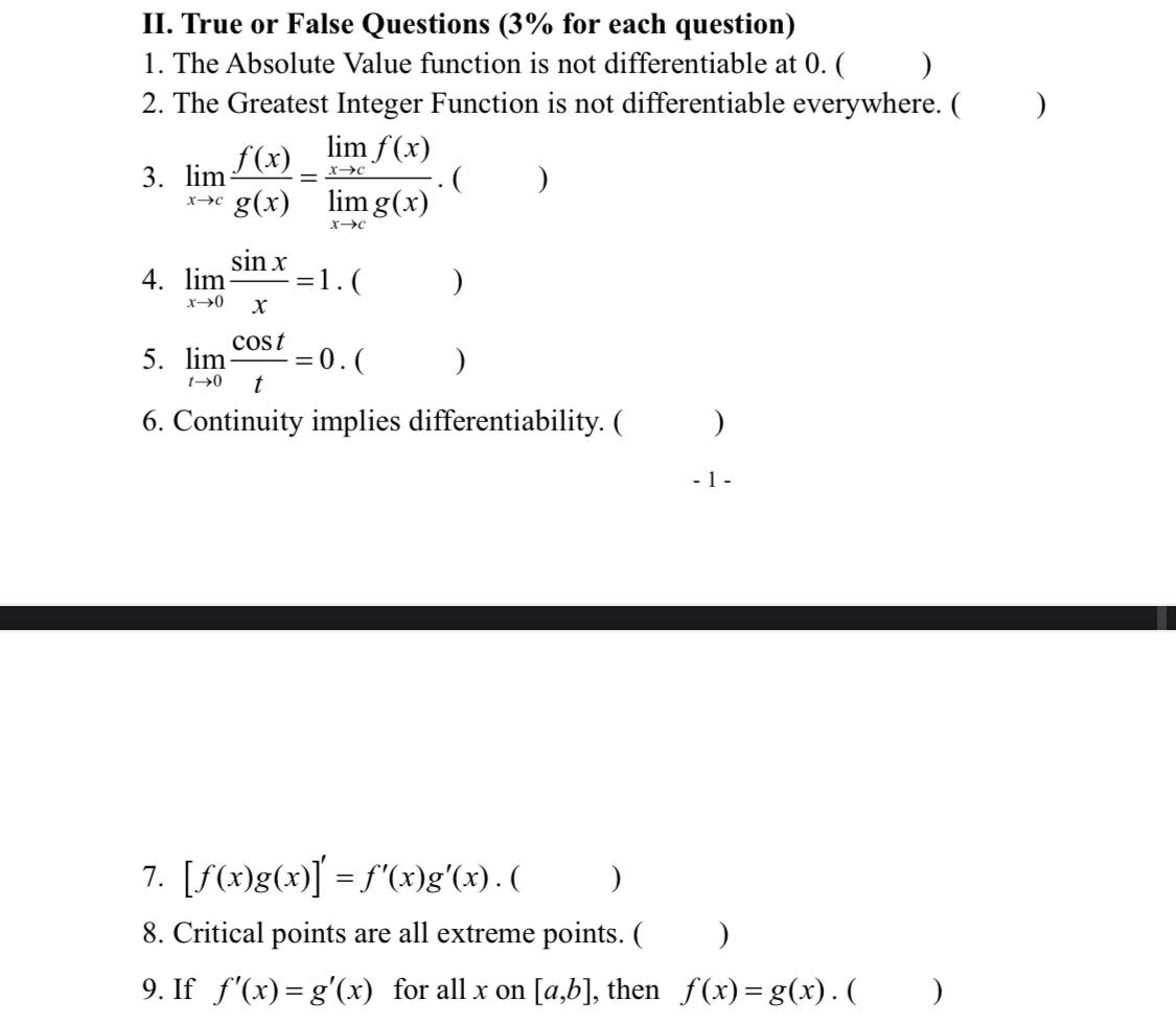 Solved II. True or False Questions ( 3% for each question) | Chegg.com