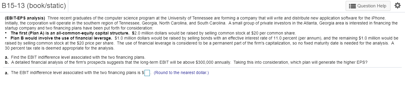 Solved B15-13 (book/static) : Question Help O (EBIT-EPS | Chegg.com