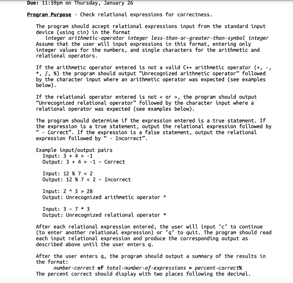 Solved je: 11:59pm on Thursday, January 26 rogram Purpose - | Chegg.com