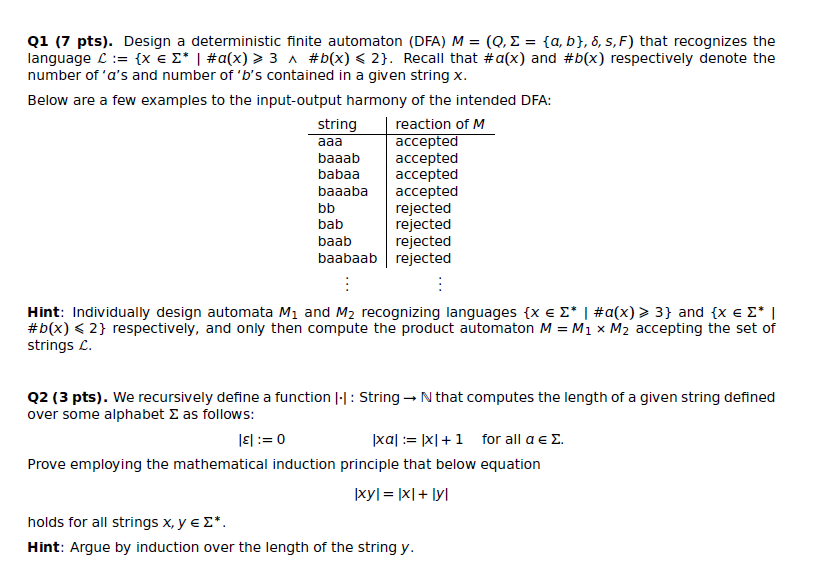 Solved Q1 (7 pts). Design a deterministic finite automaton | Chegg.com