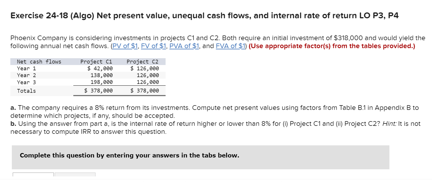 Solved Exercise 24-18 (Algo) Net present value, unequal cash | Chegg.com