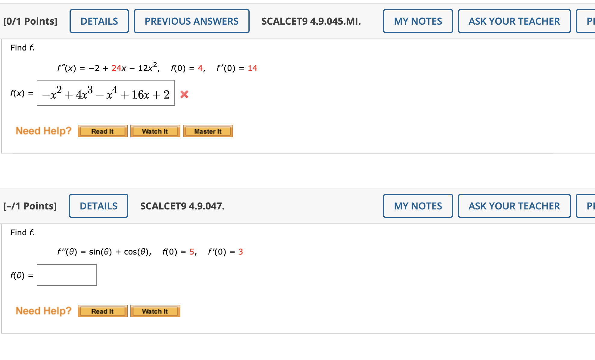 Solved f′′(x)=−2+24x−12x2,f(0)=4,f′(0)=f(x)=−x2+4x3−x4+16x+2 | Chegg.com