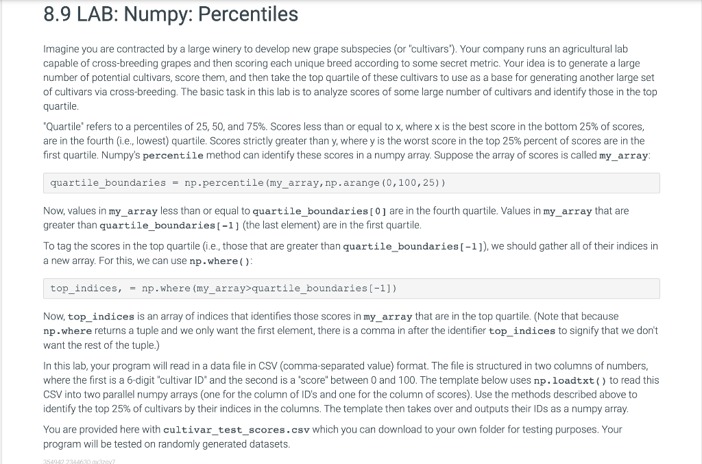 Solved 89 Lab Numpy Percentiles A Imagine You Are 