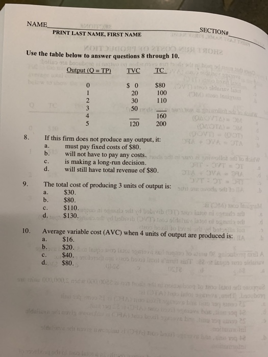 Solved NAME PRINT LAST NAME, FIRST NAME SECTION SHORT RUN | Chegg.com