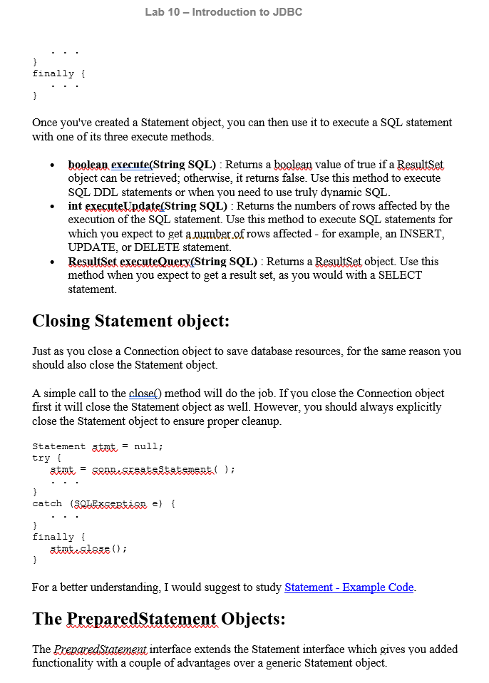 Solved Statement purpose Example program to demonstrate JDBC | Chegg.com