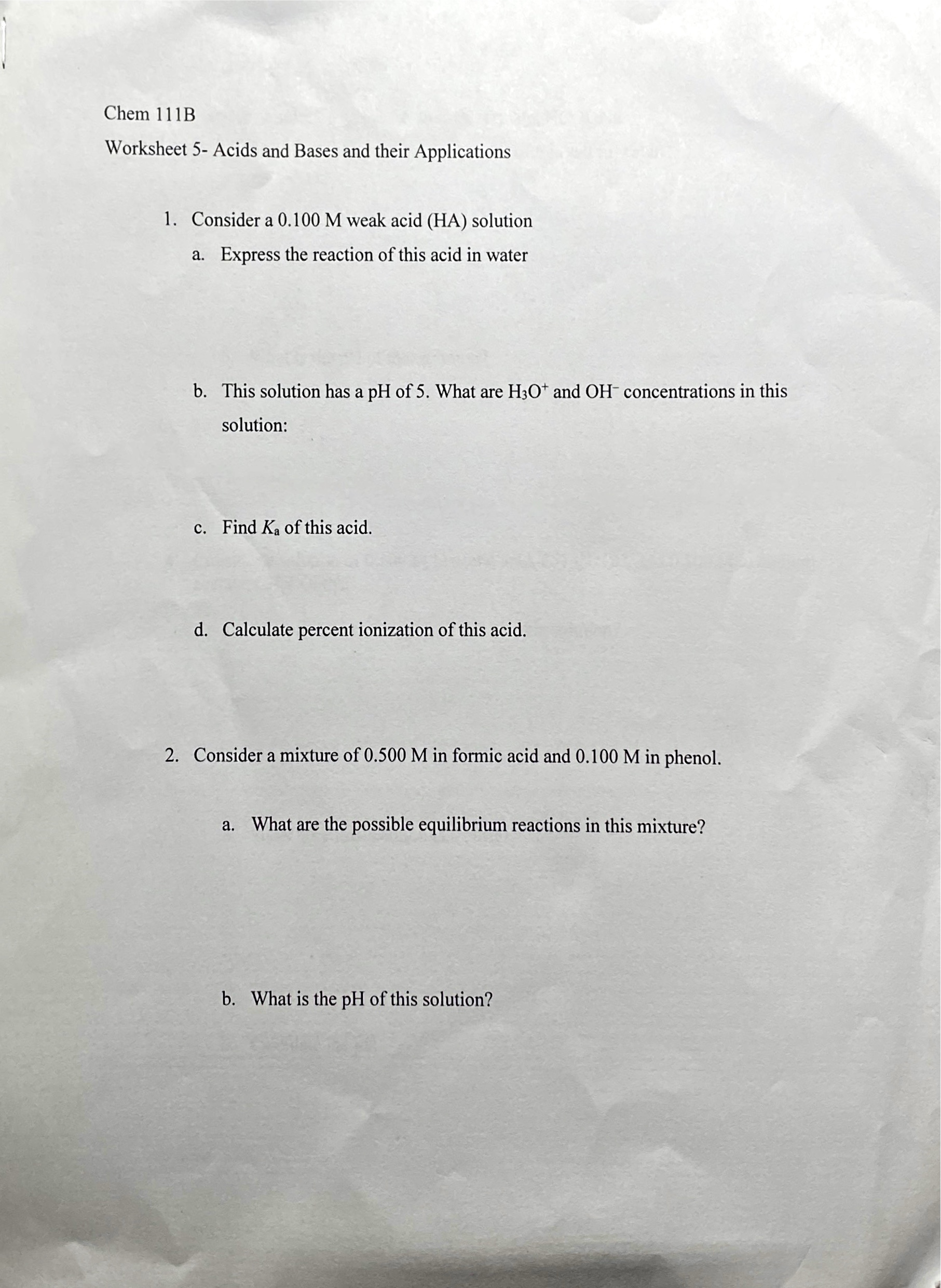 Solved Chem 111B Worksheet 5-Acids and Bases and their | Chegg.com