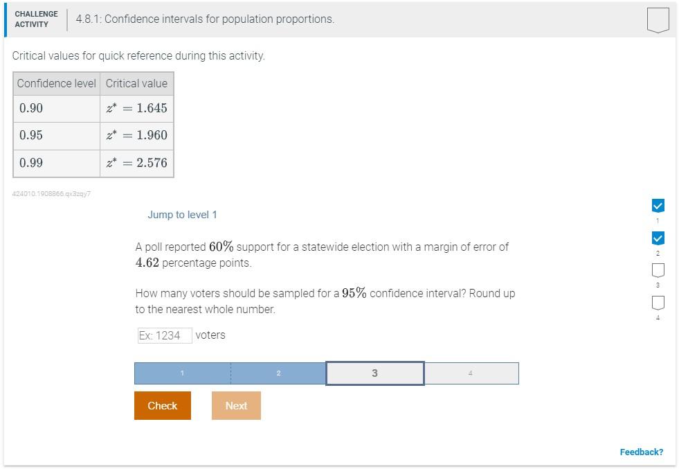 Solved CHALLENGE ACTIVITY 4.8.1: Confidence intervals for | Chegg.com