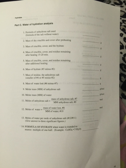 Solved Water of hydration analysis 1. Formula of anhydrous | Chegg.com